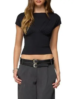 EDIKTED Ruched Boat Neck Crop Top - Black