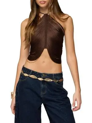 EDIKTED Fringed Halter Crop Top - Brown