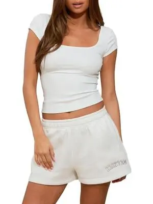 EDIKTED Square Neck Cap Sleeve Crop Top - White