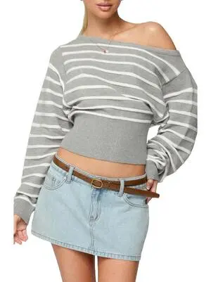 EDIKTED Striped Knit Off-the-shoulder Crop Top - Gray-melange