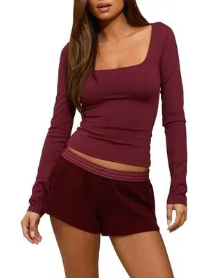EDIKTED Square Neck Long Sleeve Crop Top - Burgundy