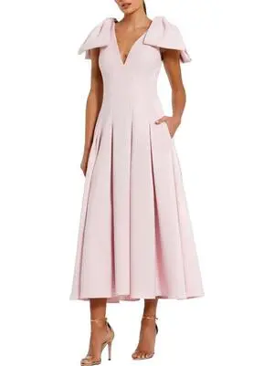 Mac Duggal Crepe A-line Midi Dress With Bow Straps - Blush