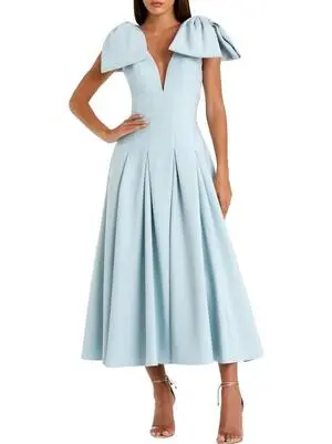 Mac Duggal Crepe A-line Midi Dress With Bow Straps - Ice Blue