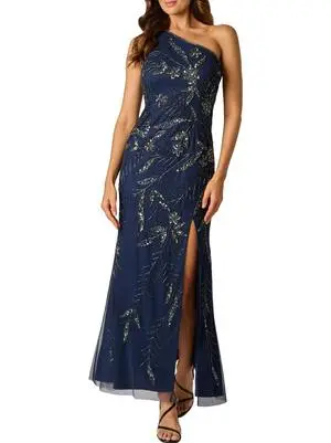 Adrianna Papell 3d Beaded And Sequin Gown - Light Navy