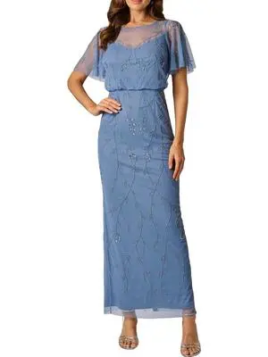 Adrianna Papell Beaded Mesh Blouson Gown - French Blue