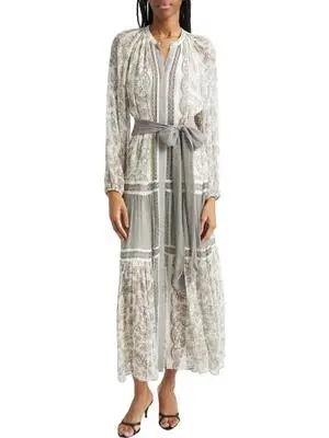 Ramy Brook Halley Mixed Print Long Sleeve Silk Dress - Bone/black Floral