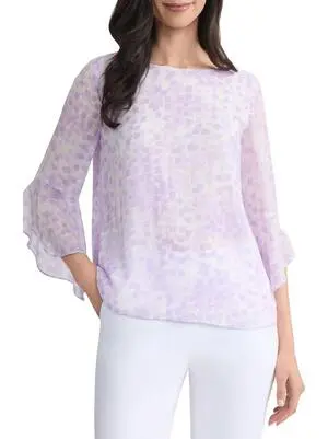 KASPER Printed Ruffle Sleeve Top - Lavender Mist Multi