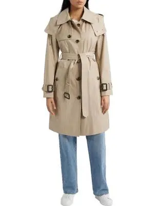 London Fog Water-resistant Belted Trench Coat With Removable Hood - Tinted Greige