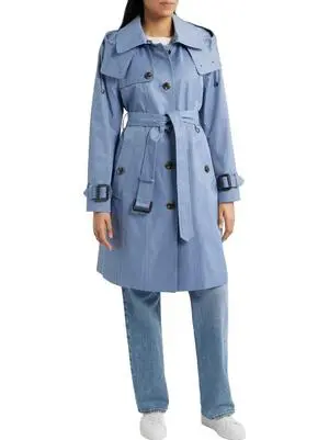 London Fog Water-resistant Belted Trench Coat With Removable Hood - Washed Denim