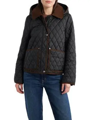 London Fog Water-resistant Quilted Coat With Corduroy Trim - Black