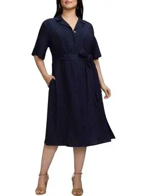 Foxcroft Aniston Stripe Linen Blend Shirtdress - Navy Blue/white