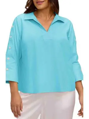 Foxcroft Lainey Button Accent Cotton Popover Top - Capri Blue