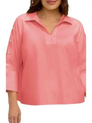Foxcroft Lainey Button Accent Cotton Popover Top - Coral Reef Red