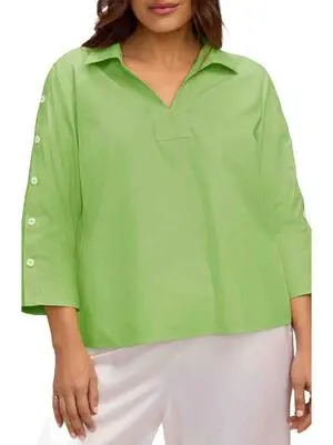 Foxcroft Lainey Button Accent Cotton Popover Top - Mojito Green