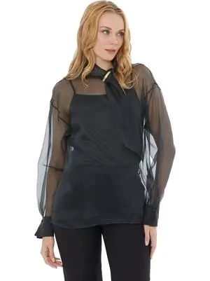 GIZIA High Neck Sheer Blouse - Black