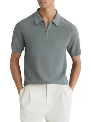 REISS Estate Textured Stitch Zip Polo - Sage