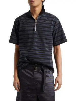 Sacai Horizontal Stripe Quarter Zip Polo - Black/navy