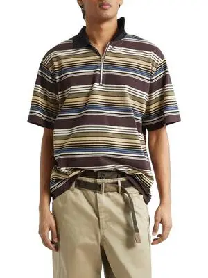 Sacai Horizontal Stripe Quarter Zip Polo - Brown/beige