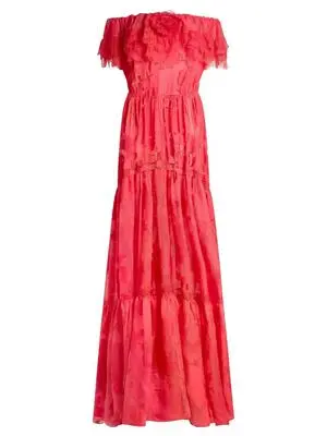 Etro Long Dress In Silk-blend Jacquard With Floral Paisley Motif - Red