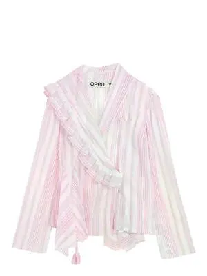 OPEN YY Striped Ruffle Blouse - White