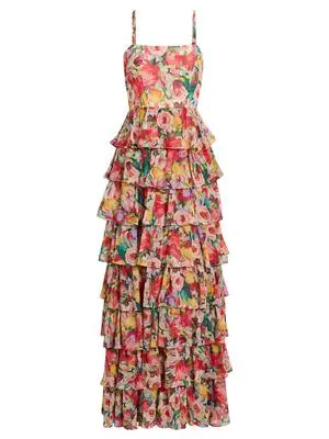 MIKAEL AGHAL Tiered Floral-print Crepe De Chine Maxi Gown - Pink