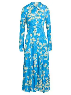 EMILIA WICKSTEAD Pispo Pleated Floral-print Satin-twill Midi Shirt Dress - Azure