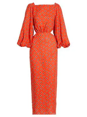 Johanna Ortiz Printed Linen Maxi Dress With Cutout - Bright Orange