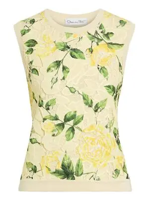 Oscar De La Renta Floral-print Guipure Lace And Silk-blend Top - Pastel Yellow