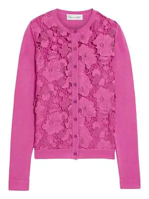 Oscar De La Renta Guipure Lace-paneled Silk-blend Cardigan - Pink