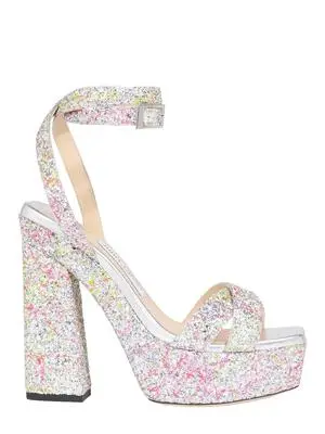 JIMMY CHOO Gaia Glittered Metallic Leather Platform Sandals - Silver