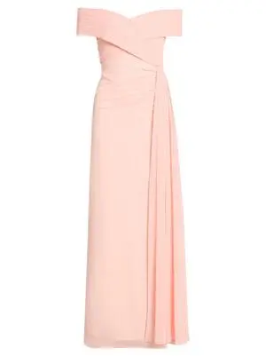 Badgley Mischka Off-the-shoulder Pleated Chiffon Gown - Blush