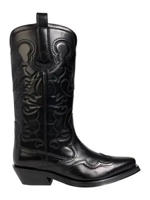 GANNI Embroidered Leather Cowboy Boots - Black