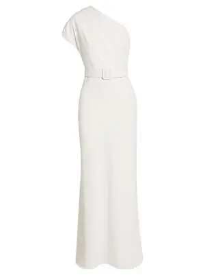 Badgley Mischka One-shoulder Belted Crepe Gown - White