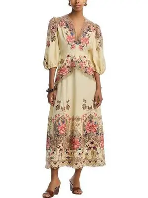 Farm Rio Embroidered Long Sleeve Midi Dress - Flower Poe