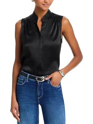 L'Agence Phoebe Sleeveless Silk Top With Band Collar - Black