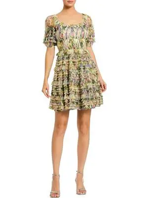 Mac Duggal Floral Mesh Puff Sleeve Ruffle Mini Dress - Yellow Multi
