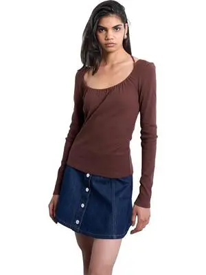 Topshop Tie-neck Ribbed Top - Brown