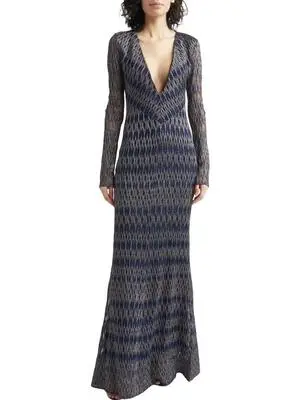 Missoni Long Sleeve 3d Diamond Lamé Maxi Dress - Blue Tones
