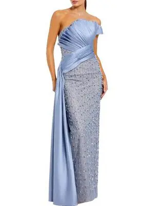 Mac Duggal Beaded Lace Strapless Gown With Pleated Satin Top - Fusion Blue