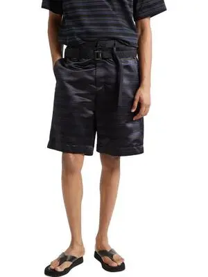 Sacai Belted Horizontal Stripe Mixed Media Shorts - Black/navy
