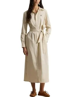 Polo Ralph Lauren Tie-waist Long Sleeve Maxi Shirt Dress - Polo Tan-white
