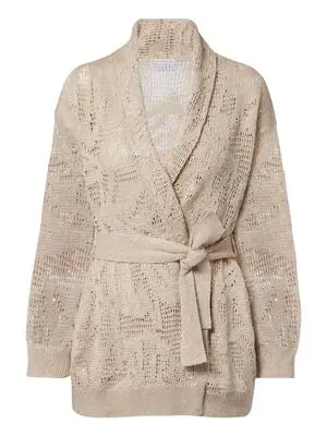 Brunello Cucinelli Open-knit Linen And Cotton Wrap Cardigan - Beige