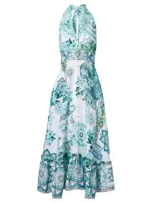 Camilla Embellished Ruffled Halterneck Linen Midi Dress - Green