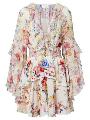 Camilla Embellished Floral Ruffled Silk Minidress - Multicoloured
