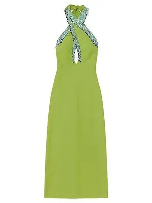 RO&ZO Beaded Halter-neck Cotton-blend Midi Dress - Green