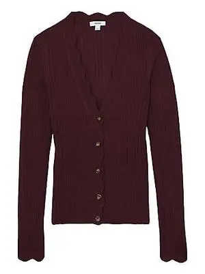 REISS Scallop-trim Ribbed-knit Cardigan - Burgundy