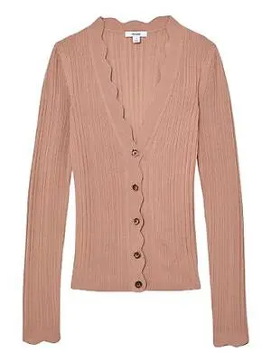 REISS Scallop-trim Ribbed-knit Cardigan - Pink