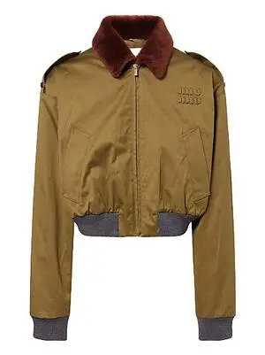 Miu Miu Cotton Bomber Jacket With Shearling Collar - Militare