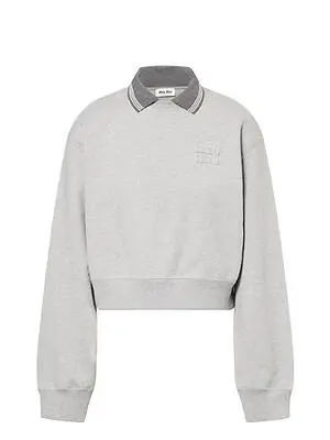 Miu Miu Cotton Sweatshirt With Striped Polo Collar - Grigio