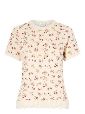 Magda Butrym Lace-trimmed Floral-print Wool, Silk And Cashmere-blend T-shirt - Cream